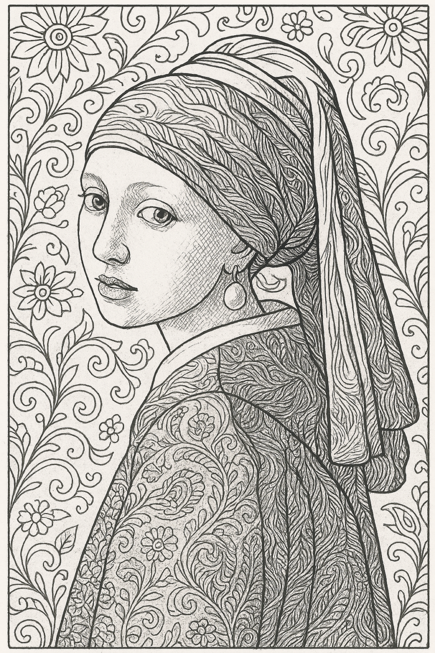 Girl with a Pearl Earring – Free Adult Coloring Page (PDF) - The ...